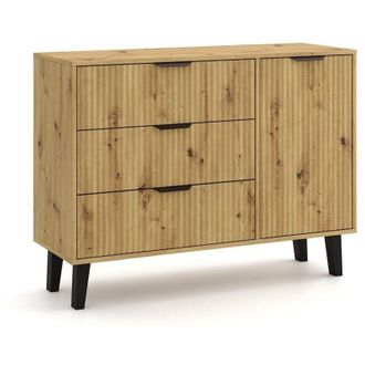 Topeshop Sonia - Sideboard mit 3 Schubladen + 1 T&uuml;r im skandinavischen Stil mit Rillen - 110 x 39 x 81,5 cm - Aufbewahrungsm&ouml;bel - Eiche