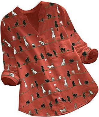 Generic Chemises &agrave; manches longues pour femmes UK motif chat mignon amusant col en V crant&eacute; hauts grande taille d&eacute;contract&eacute; ample boutonn&eacute; haut sans col pour 