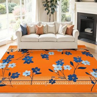 Generic Tapis 120 x 180 cm Peinture &Agrave; La Main Simple Florale Doux Moelleux Robuste Facile &agrave; Nettoyer Moderne pour Chambre Couloir, Couleur Orange
