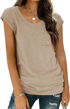 Zeagoo Tshirt Damen Flügelärmeln Tops für Frauen V-Ausschnitt mit Tasche Sommer Casual Bluse Kurzarm Oberteile Khaki XXL