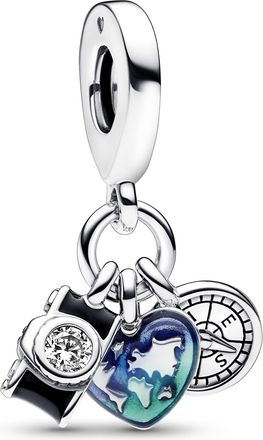 Pandora Moments Kamera, Herz & Kompass Dreifacher Charm-Anhänger aus Sterling Silber, Cubic Zirkonia, Kompatibel Moments Armbändern, 792703C01
