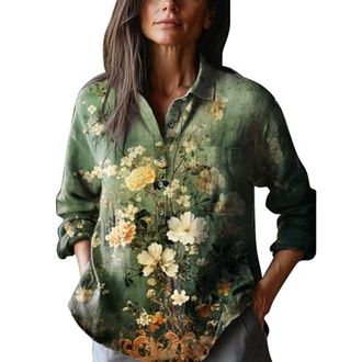 Generico Chemise Femme Curvy &agrave; Manches Longues Blouse Coton Et Lin D&eacute;contract&eacute; Respirant T Shirt Col en V Classique Chemisier Vintage Fantaisie avec Boutons Do