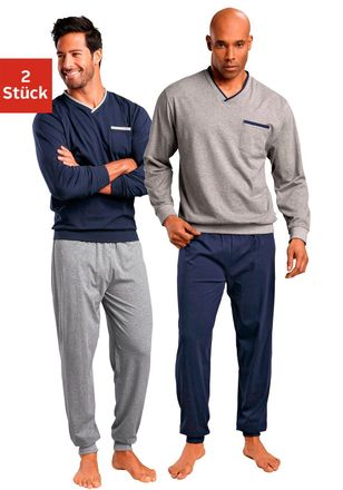 Le Jogger Pyjama LE JOGGER, Herren, Gr. 60/62 (XXL), blau (marine, grau, meliert), Jersey, Obermaterial: 100% Baumwolle, unifarben, Basic, lang, V-Ausschnitt, a