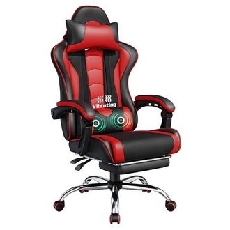 Yaheetech Chaise Gaming Massante Ergonomique Fauteuil Gamer Dossier et Appui-t&ecirc;te Hauteur R&eacute;glable avec Repose-Pied Similicuir Charge 136kg Noir Rouge