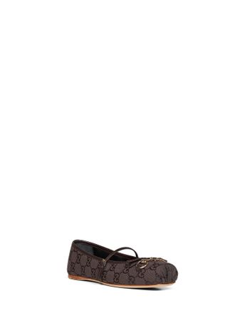 Gucci Womens Ballet Flat Horsebit Brown Cotton Ballerina Shoes