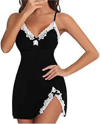 Generic Robe de nuit fine en dentelle avec noeud et fente lat&eacute;rale pour femme, Noir, 5XL