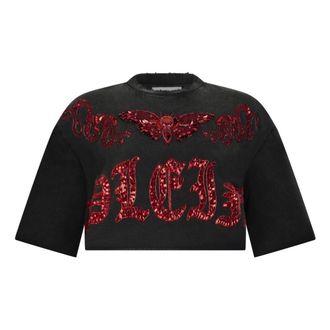 Philipp Plein Femme, Tops, Noir, Taille: 38 FR Cropped T-Shirt Butterfly Tattoo