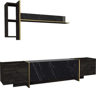 Moebel17 Alphamoebel moebel17 Veyron Wohnwand Braun Dunkelgrau,Moderne Anbauwand Holz, TV Lowboard Marmor Optik, Mediawand mit Hängeregal, 4 Türen, viel Staura