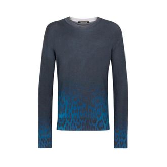 Roberto Cavalli Homme, Pulls, Bleu, Taille: XL Pull en laine à imprimé jaguar