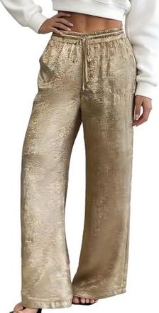Generic Pantalon large en satin jacquard pour femme - Taille haute - Taille &eacute;lastique - Pantalon d&eacute;contract&eacute; et soyeux pour invit&eacute;es de mariage, d&icirc;ner, travai