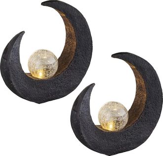 ETC Shop Garten Außenlampen Mondsichel Solarleuchte dekorative LED Solarleuchte Mond, Halbmond Kugel schwarz braun, LED, H 30,5 cm, Terrasse, 2er Set