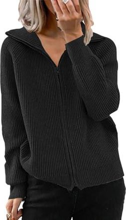 Generic Cardigan &eacute;pais pour femme - Fermeture &eacute;clair de couleur unie &agrave; revers &agrave; manches longues - Cardigan tendance d&eacute;contract&eacute; pour voyage et vacances, Noir,