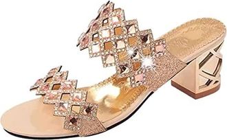 Generic Sandales &agrave; double sangle pour femme avec strass et talon bas - Sandales tendance scintillantes confortables &agrave; talon carr&eacute; - Chaussures habill&eacute;es &eacute;l&eacute;ga