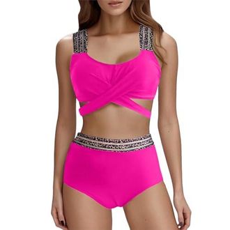 Generic Maillot de Bain pour Femme Push Up Rembourr&eacute; Deux Taille Haute avec Haut Sexy 2 Pi&egrave;ces Triangle Bikini Set Ties-Up R&eacute;glables Dos Nu Bandeau Contr&ocirc;le d