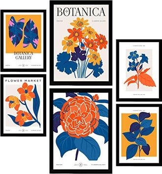 Nacnic Lot de 6 affiches de fleurs. La vie &agrave; Orange. Impressions nature et botanique pour lam&eacute;nagement et la d&eacute;coration dint&eacute;rieur. A3 et A4, cadres noirs