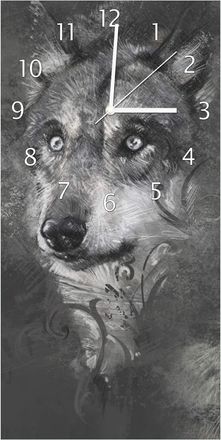 Wallario Design-Wanduhr Zeichnung von einem Wolf I aus Glas, Motiv-Uhr Gr&ouml;&szlig;e 30 x 60 cm, wei&szlig;e Zeiger