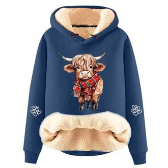 Generic Sweat &agrave; capuche &agrave; manches longues avec cordon de serrage doubl&eacute; en polaire pour femme Motif vache Highland, bleu marine, 4XL