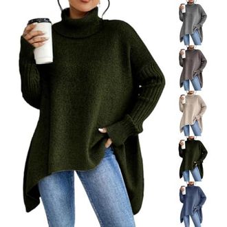 Generic Pull &agrave; col roul&eacute; de couleur unie pour femme, pull asym&eacute;trique &agrave; manches longues en tricot, robe sweat-shirt tendance, vert fonc&eacute;, XXL-6XL