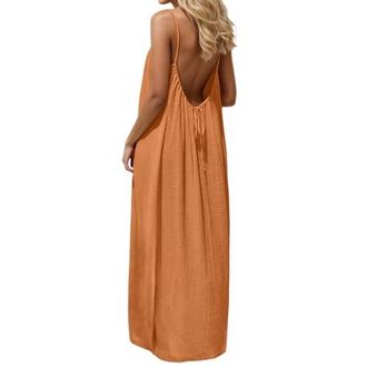 Generic Robe caraco dos nu pour femme - Robe longue sans manches avec noeud dans le dos - Couleur unie, Orange, 5XL