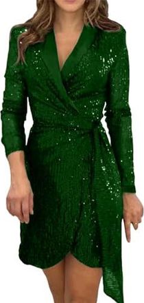 Generic Robe de Fete Femme - &Eacute;l&eacute;gante Col en V Manches Longues Paillettes Mini Robe de Soir&eacute;e Mariage Cocktail Chic C&eacute;r&eacute;monie Courtes