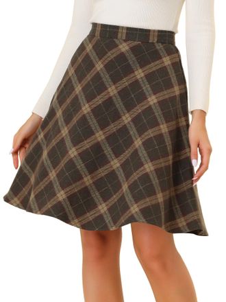 Allegra K Damen Plaids Vintage Tartan Elastische Taille Knielang A-Linie Rock, Seal Brown, 3X-Gro&szlig;