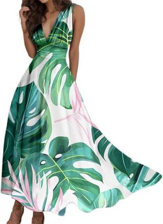 Generic Robe longue d&eacute;t&eacute; tendance pour femme - Imprim&eacute; hawa&iuml;en - Col en V - Sans manches - Tunique d&eacute;contract&eacute;e - Robe d&eacute;t&eacute; boh&egrave;me - Robe ample pour vacances 