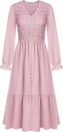 Grace Karin Damen Gerafftes Schlankheitskleid Elegantes Kleid Maxi A-Linie Ausgestelltes Sommer Freizeitkleid Rosa M