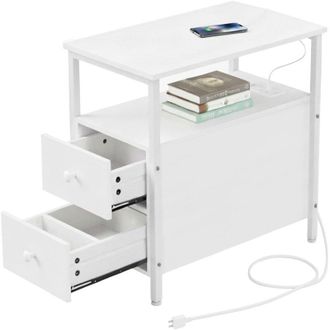 Relaxdays Relaxdays Beistelltisch mit Steckdosen, USB-Anschluss, 2 Schubladen, HxBxT: 61 x 35 x 60 cm, eckiger Nachttisch, wei&szlig;