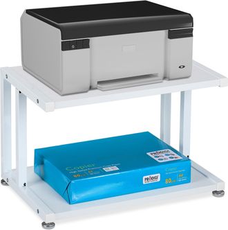Relaxdays Druckerständer, 2 Ablagen, Schreibtischaufsatz für Drucker, HBT 28x45x28 cm, Druckertisch, Druckerhalter, weiß