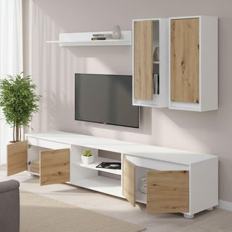 Dmora Wohnwand Wells, Wohnzimmerset, Mehrzweck-Wohnzimmerm&ouml;bel, Komposition f&uuml;r modernes Wohnzimmer, 200x40h114 cm, Wei&szlig; und Eiche
