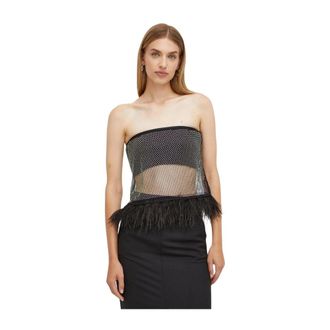Patrizia Pepe Mesh-Top mit Strasssteinen und Federbesatz - - Tops - Damen - Schwarzk - M