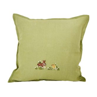 Loberon Kissenh&uuml;lle Willowmare - von Hand Bestickt - Fr&uuml;hlingshaftes Motiv mit H&auml;schen und K&uuml;ken - Ostern - Kissenbezug - Ostertextilien - Leinen, gr&uuml;n