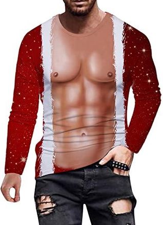 Generic Chemises de No&euml;l pour hommes 2025 haut automne hiver chemisier d&eacute;contract&eacute; mode imprim&eacute; col rond manches longues No&euml;l mignon haut, Rouge, XL