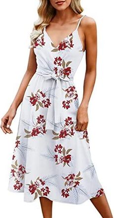 Generic Robe d&eacute;t&eacute; boh&egrave;me sans manches avec col en V et bretelles florales pour femme avec ceinture, Rouge, S