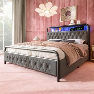 Generic Metallbett 140x200 cm mit APP-Steuerung & USB-C Ladefunktion - Samt mit LED, 4 Schubladen & Matratze - Doppelbett