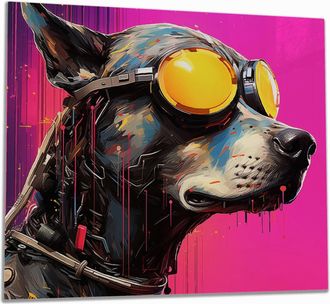 Wallario Herdabdeckplatte/Spritzschutz aus Glas, 1-teilig, 60x52cm mit 8mm hohen Füßen, für Ceran- und Induktionsherde, Cyberpunk-Hund mit Brille