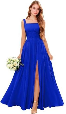 Generic Robe de demoiselle dhonneur en mousseline de soie plissée à col carré avec poches pour femme - Robe de soirée formelle trapèze avec fente, bleu marine