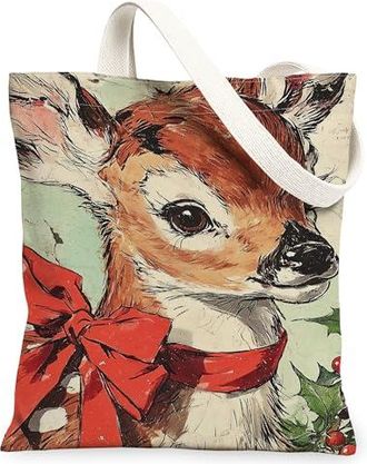Generic Sacs fourre-tout en toile motif cerf de No&euml;l, sacs d&eacute;picerie r&eacute;utilisables, rustiques, l&eacute;gers et lavables avec bandouli&egrave;re Ca, multicolore, 13x15 Inch