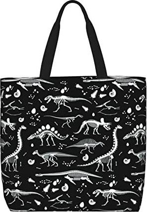 Generic Sac Fourre-Tout Motif De Squelette De Dinosaure Noir Et Blanc Femmes Sac &Agrave; Bandouli&egrave;re Pliable Lavables Sacs &Agrave; Main, Pour &Eacute;cole, Shopping, Filles, Fem
