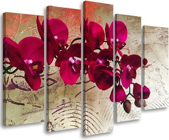 Feeby 5-teilig Vlies Leinwandbild 200x100 cm Orchidee Pflanze Blume Wanddeko Design Kunstdruck Zimmerdeko Bilderwand Grunge Natur Abstraktion Rot