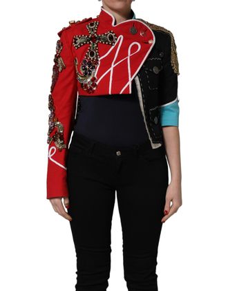 Dolce & Gabbana Womens Multicolor Asymmetrical Ornate Jewel Cropped Jacket Cotton Viscose Elastane Clothing