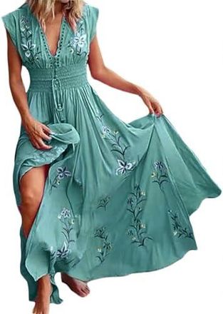 Onsoyours Boho Robe Maxi Femme Décontracté Manches Courtes Taille Élastique Plaid Imprimé Robe A-Ligne avec Poche Robe De Plage 04 Vert 44