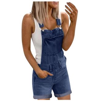 Generic Jeans Jumpsuit Damen Sommer Kurz - Latzhose Damen Arbeitshose Denim Overall mit Löchern Taschen Jeanshose Romper Lässig Slim Fit Einteiliger Kurze Hos