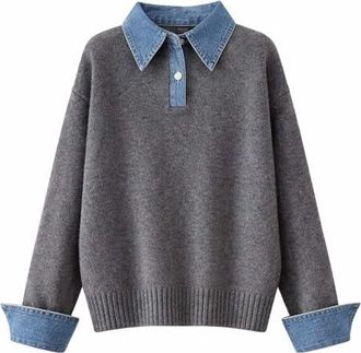 Generic Pull surdimensionn&eacute; pour femme avec col en jean, polo surdimensionn&eacute; &agrave; manches longues boutonn&eacute; pour lautomne 2026, gris, XXL-6XL