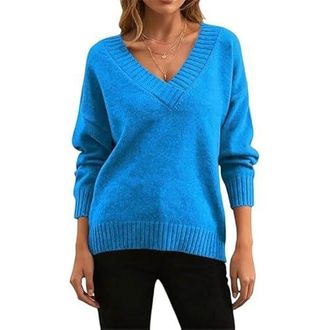 Generic Pull court court à manches longues raglan double face col en V pour femme, bleu, XXL