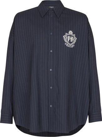Balmain Gestreiftes College-Wappen Hemd aus Wolle - - Shirts - Herren - Blau - XL