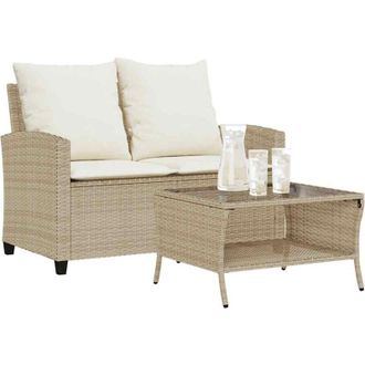 vidaXL Gartensofa 2-Sitzer mit Kissen & Tisch Beige Poly Rattan - Vidaxl