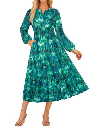 Grace Karin Damen Elegantes Blumen Kleid Lang V Ausschnitt Elastische Taille A-Linie Langarm Maxikleid CL37-09/Gr&uuml;n L