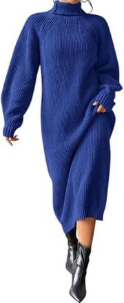 ORANDESIGNE Robe Pull Femme Hiver Col Roul&eacute; El&eacute;gant Robe Tricot Longue Robes Manches Lanternes Maxi Robes Automne A Bleu XL