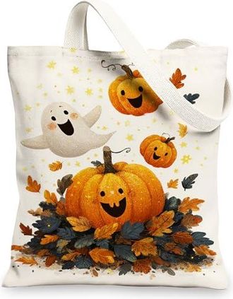 Generic Joli sac fourre-tout en toile, adorable motif citrouille, fantôme, sacs dépicerie, sacs dépicerie réutilisables, légers et lavables avec bandoulière, 